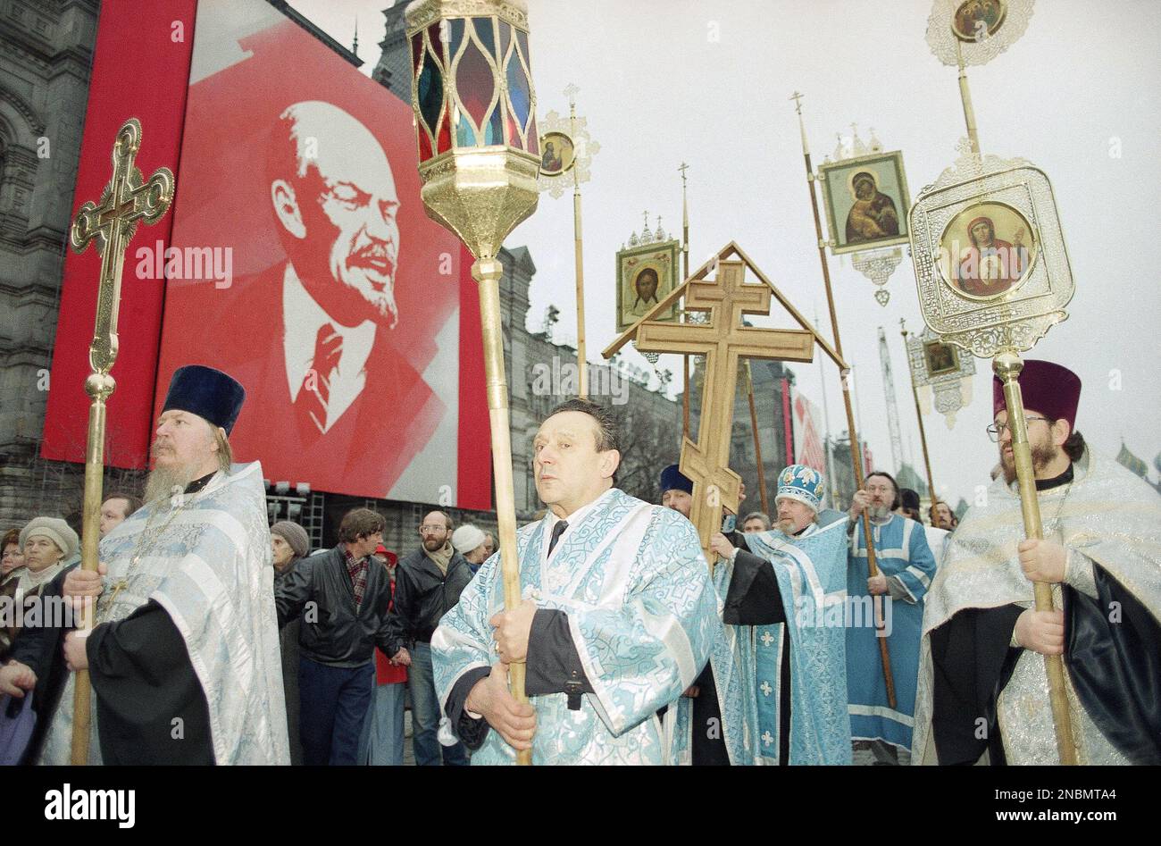 The high priests of Russian Orthodox Church holding up icons and ...
