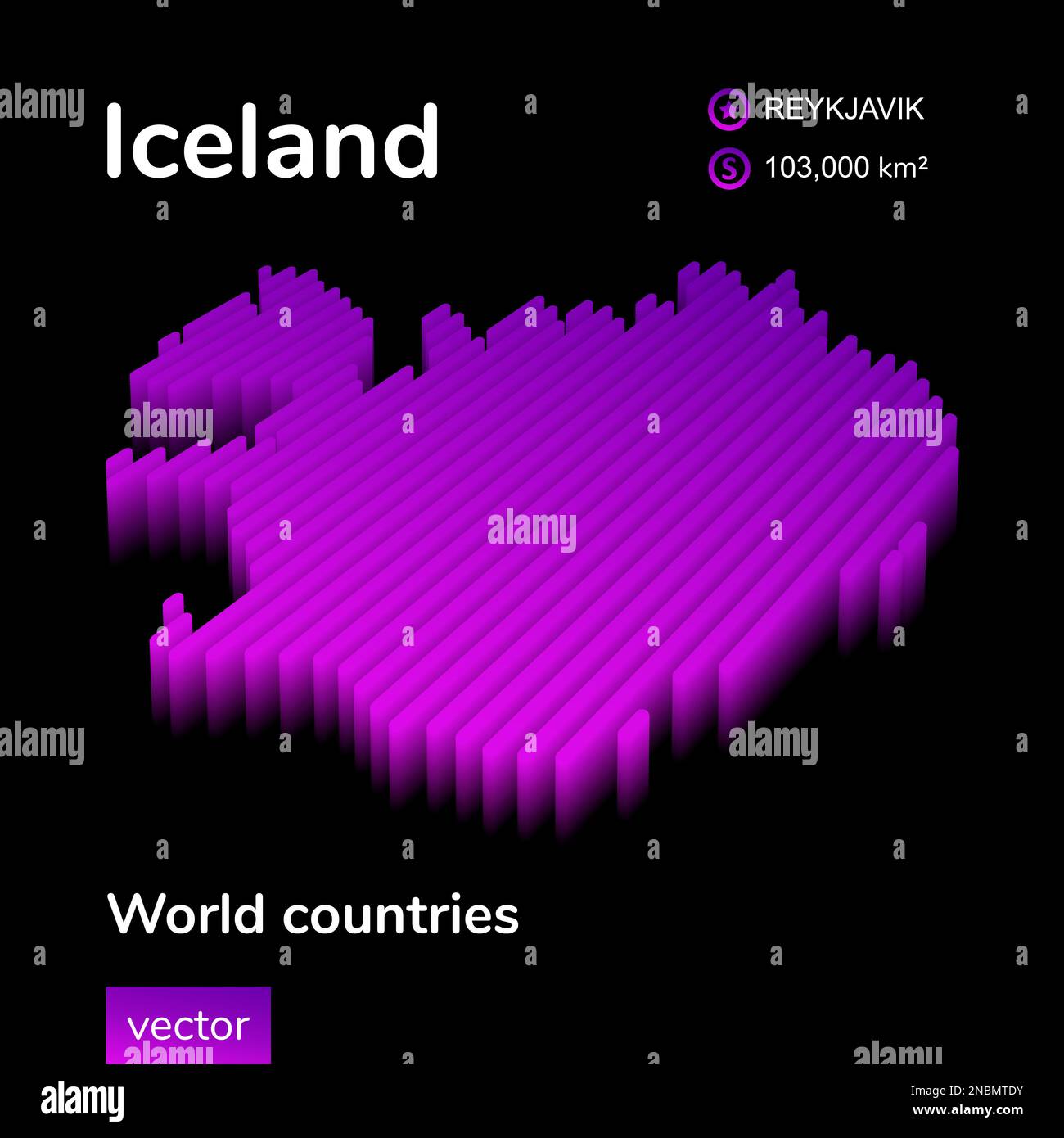 Iceland 3D map. Stylized neon digital isometric striped Map of Iceland ...