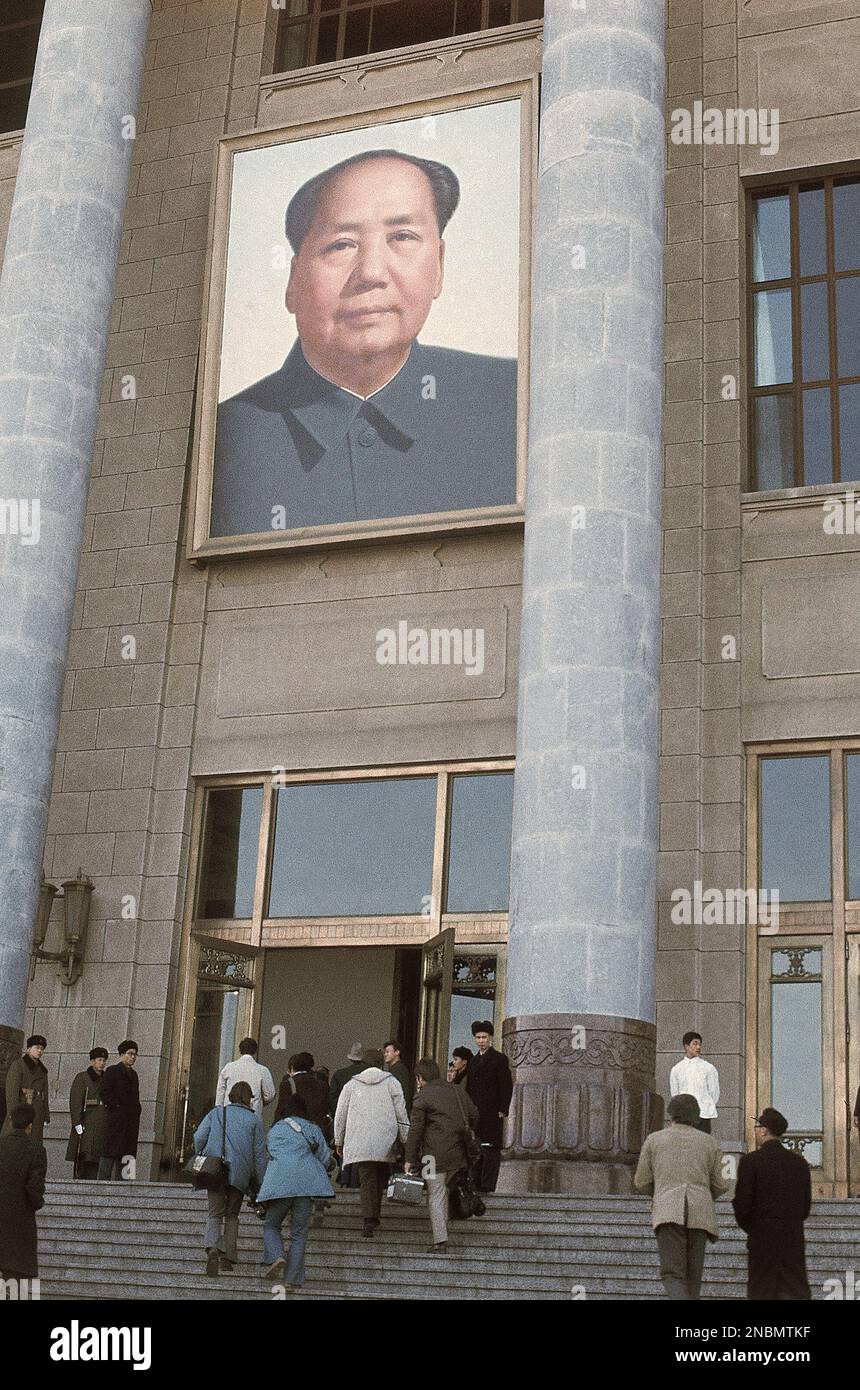 Exterior view of revolutionary historical museum with a portrait of Mao ...