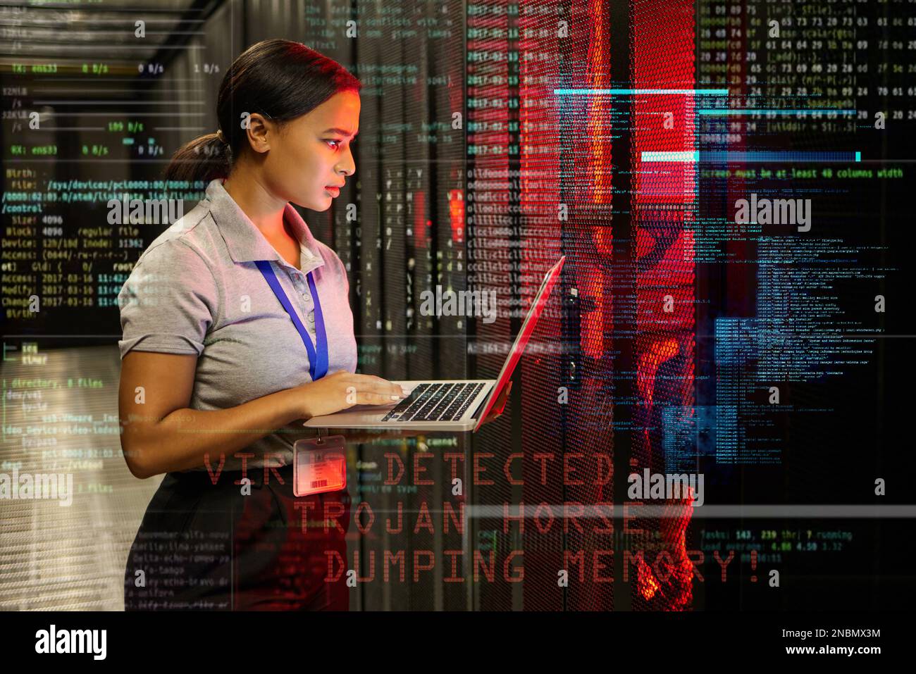 Virus code, laptop or server room in 3d IT engineering, software ...