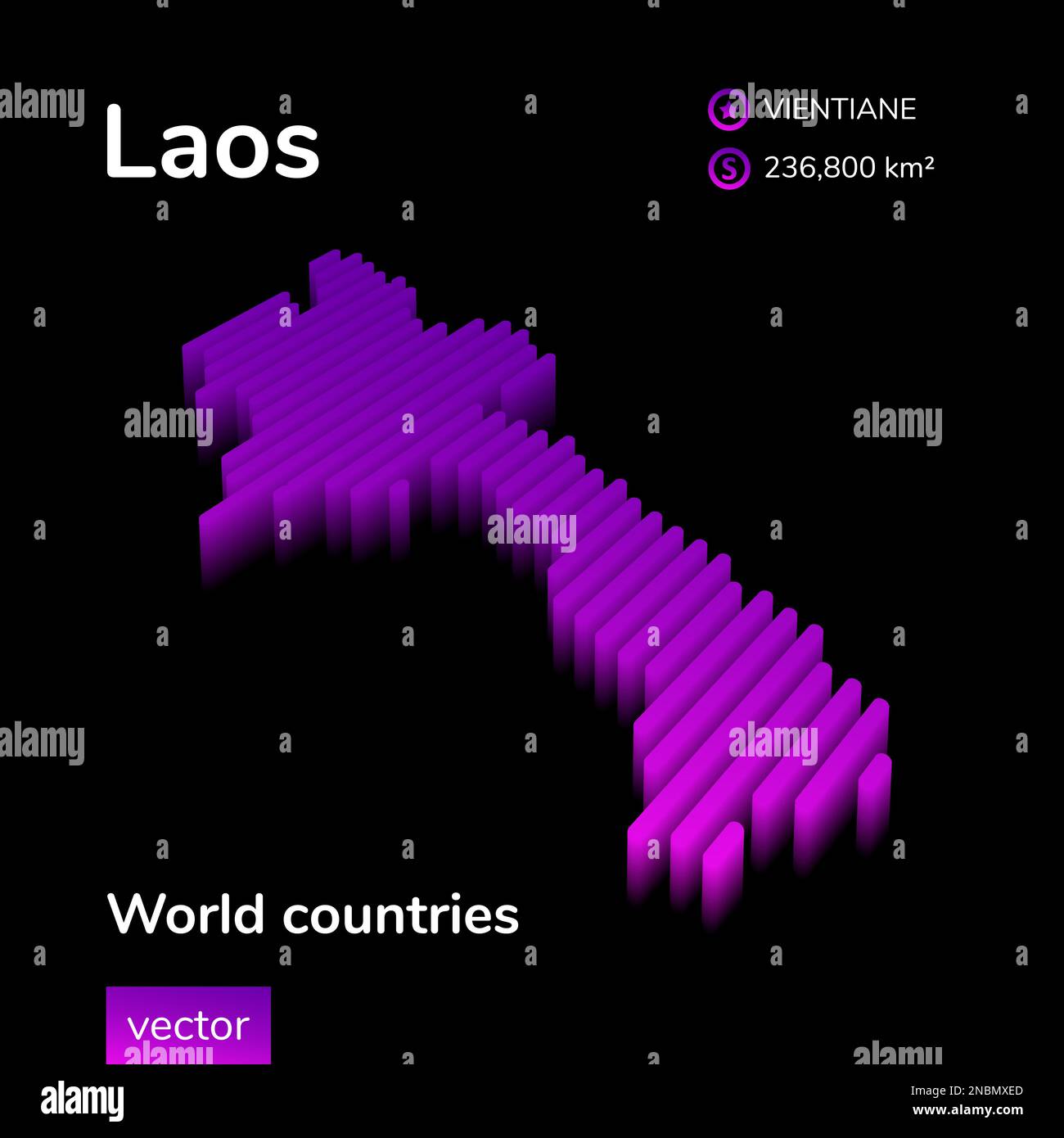Laos 3D map. Stylized neon simple digital isometric striped vector 3d ...