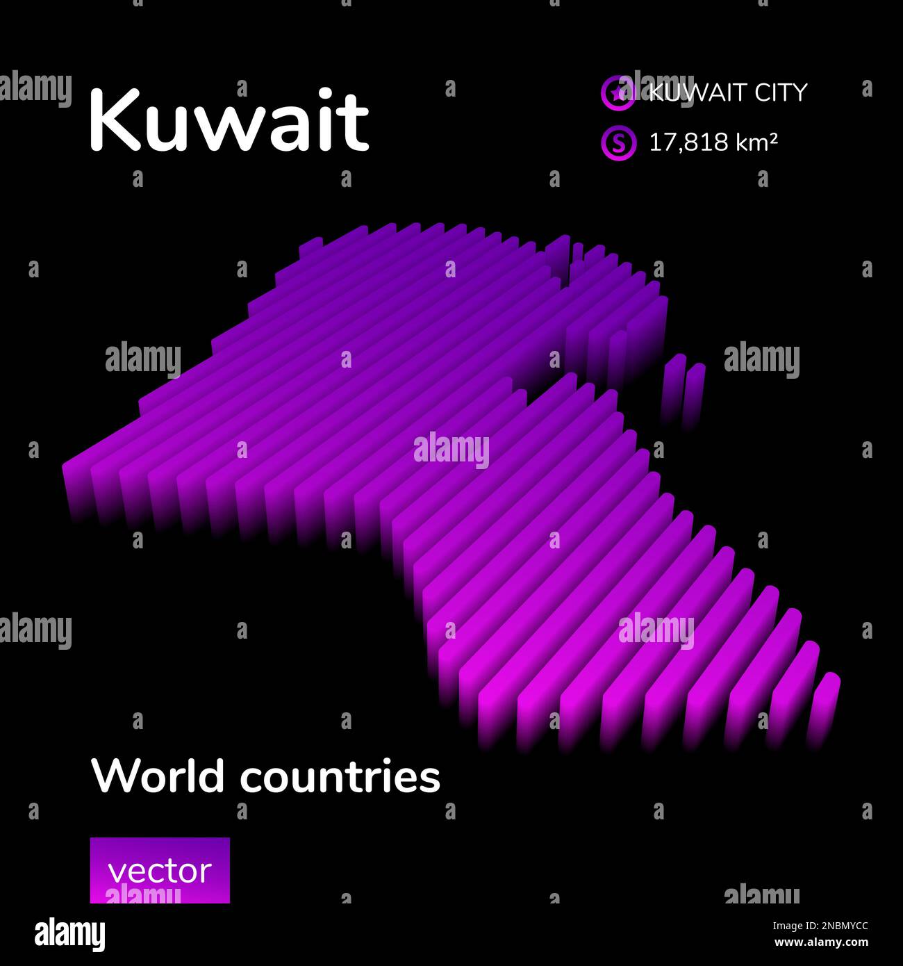 Kuwait 3D map. Stylized neon simple digital isometric striped vector ...