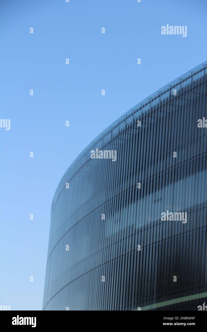 A vertical closeup of the modern exterior on the Czech National ...