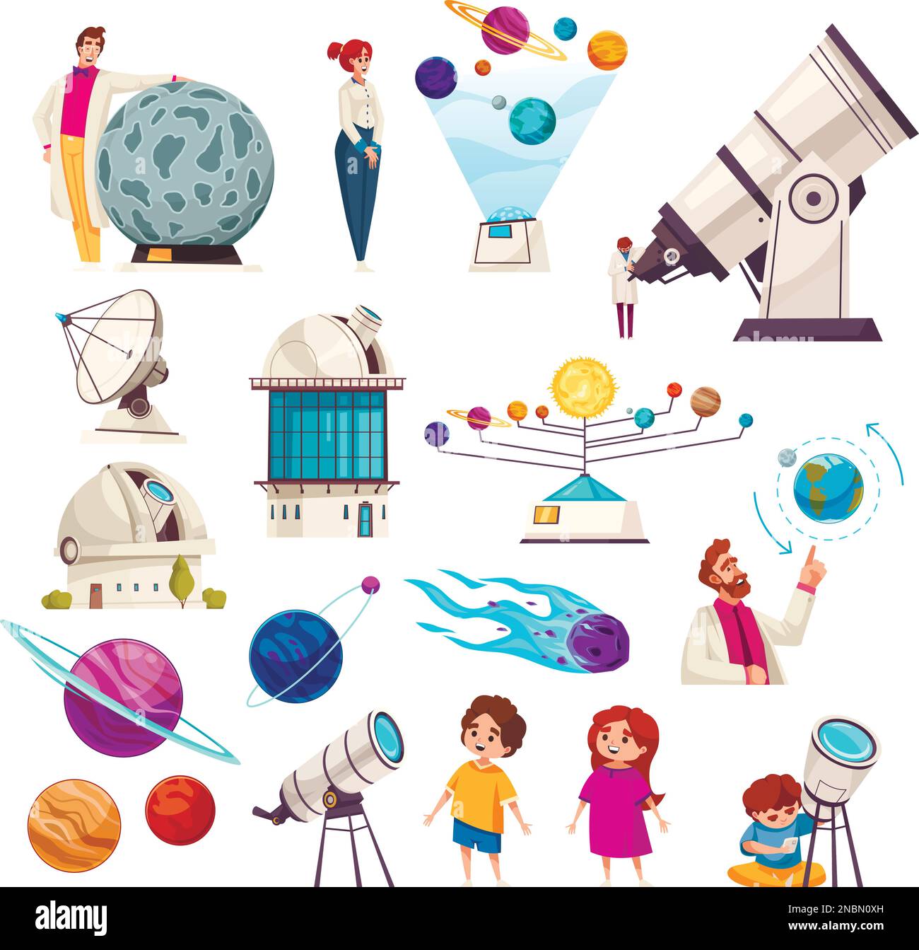 Observatory Icons Set With Planetarium Symbols Flat Isolated Vector Ilustration Stock Vector 