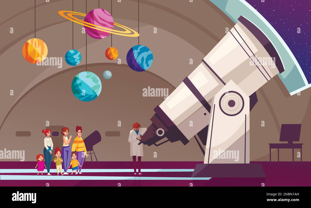 Observatory and astronomy background with planetarium symbols flat ...