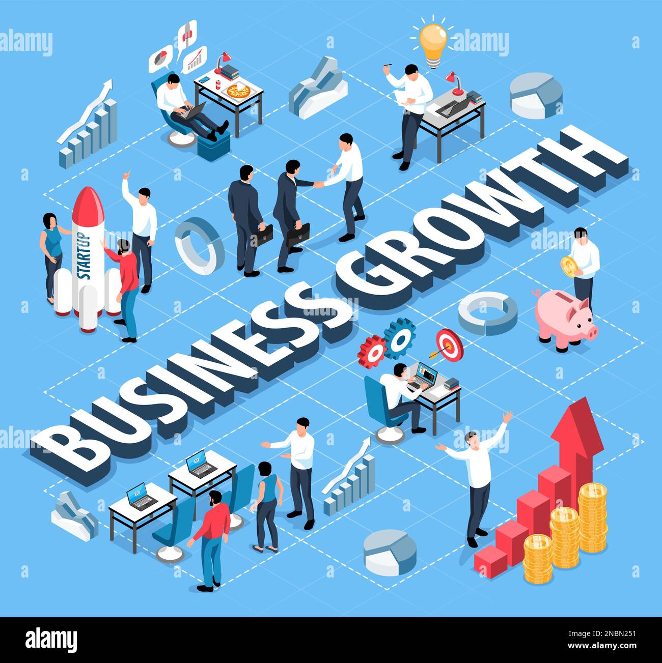 Isometric business growth flowchart with successful development symbols ...