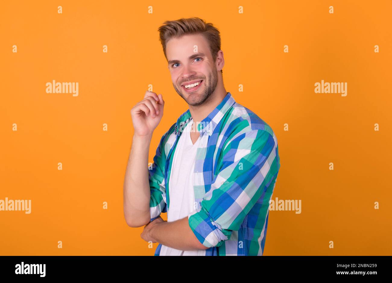 Keep smiling. Man with smiling face. Happy guy portrait yellow ...