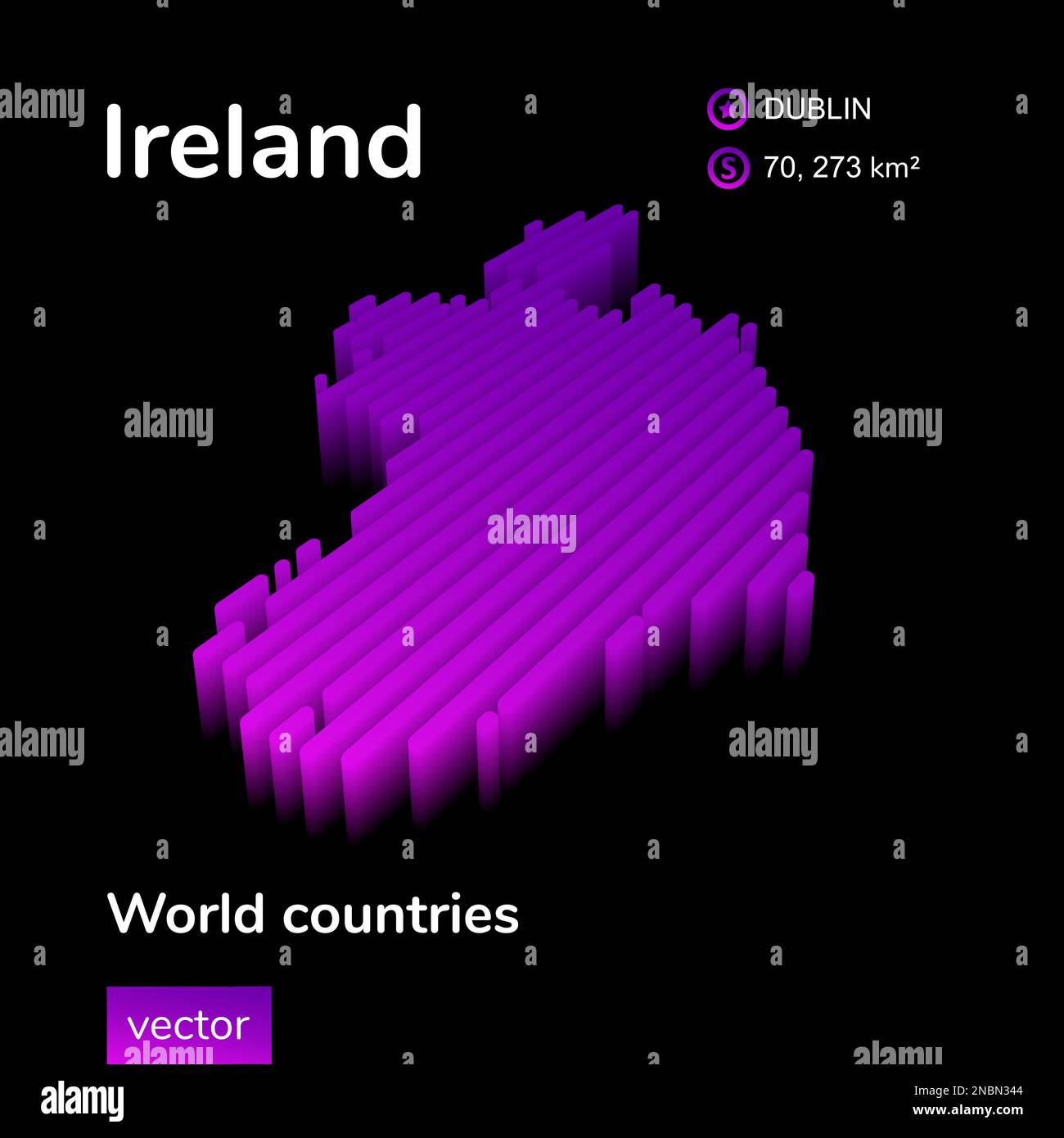 Ireland 3D map. Stylized neon digital isometric striped vector map in violet and pink colors on ...