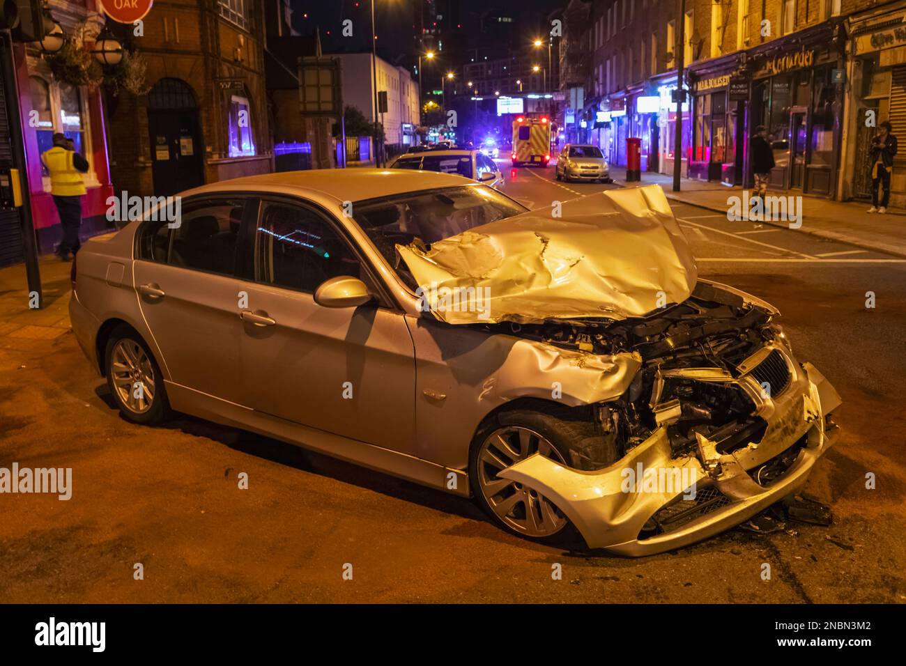 England, London, Smashed Car after Accident in Street at Night Stock ...