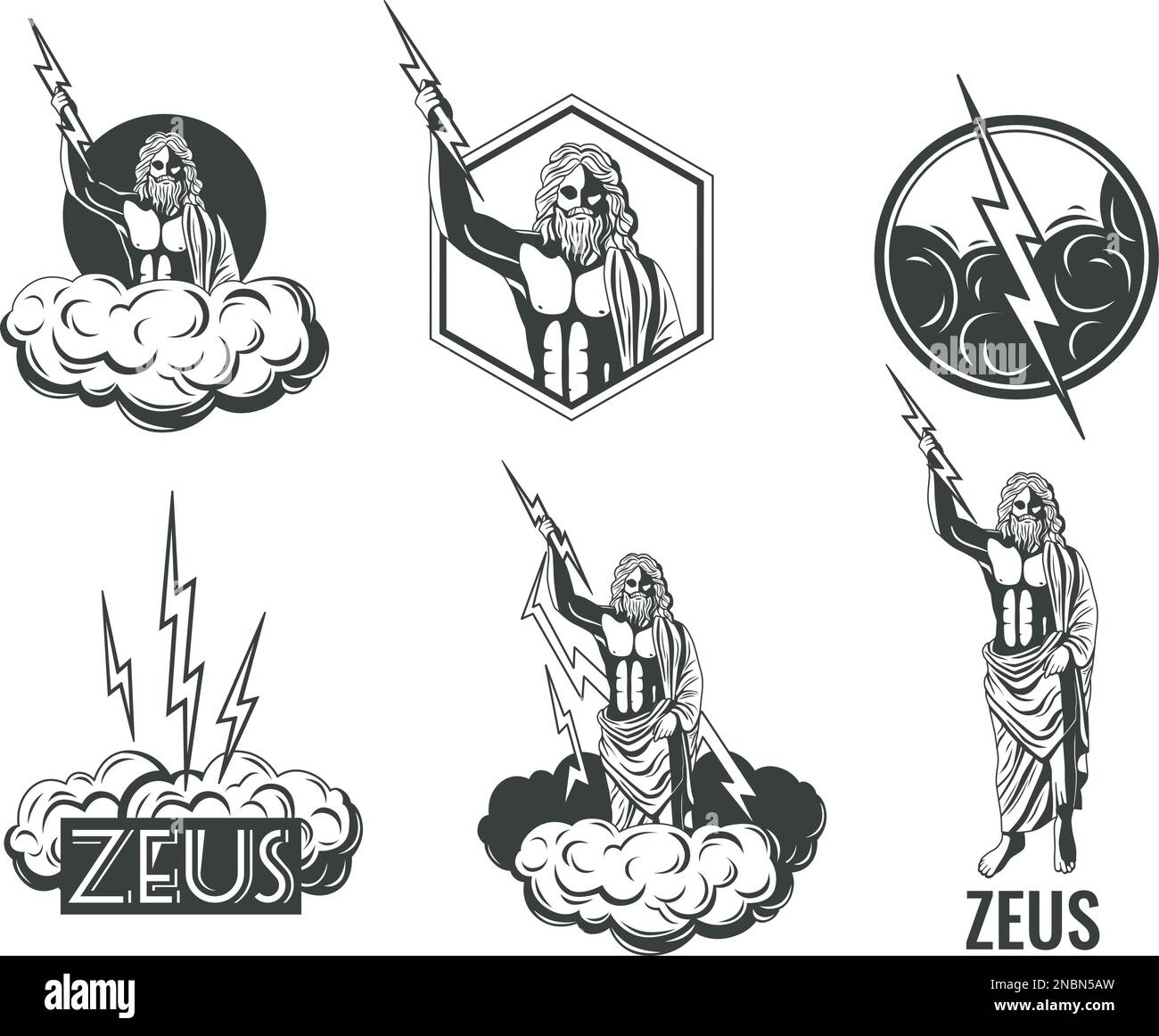 Zeus greek olympian god with lightnings black and white emblems set isolated on white background ...