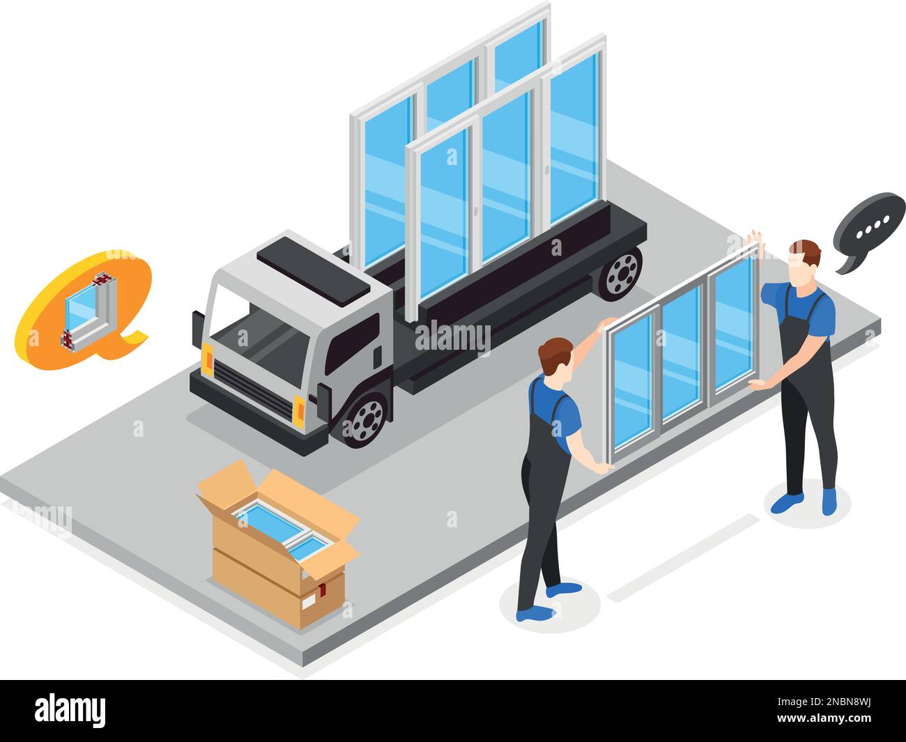 Plastic windows installation isometric composition with workers and ...