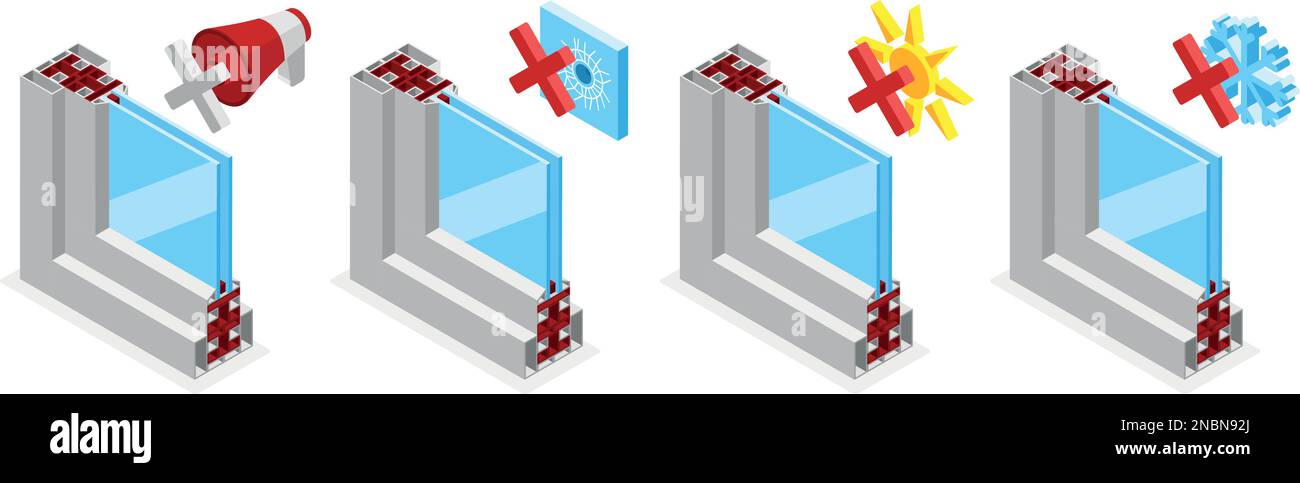Plastic windows isometric icons set with sound sun and frost proof ...