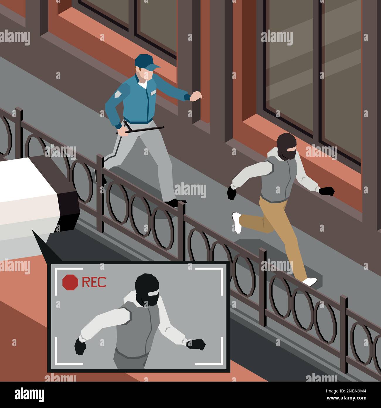Security service isometric background with guard running for robber in ...