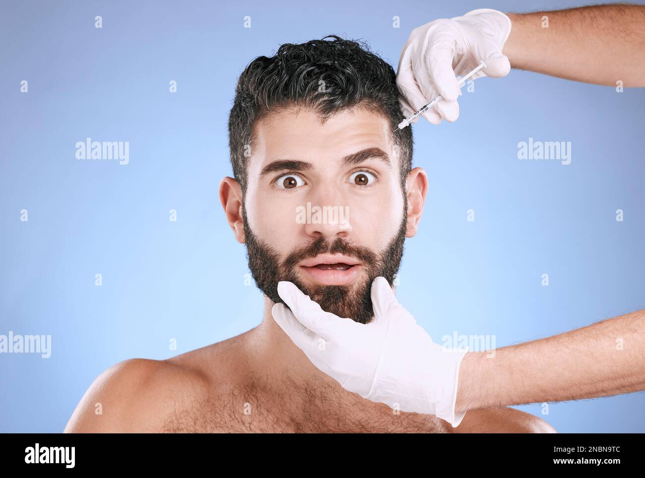 Injection, scared man and face for skincare, collagen and beauty ...