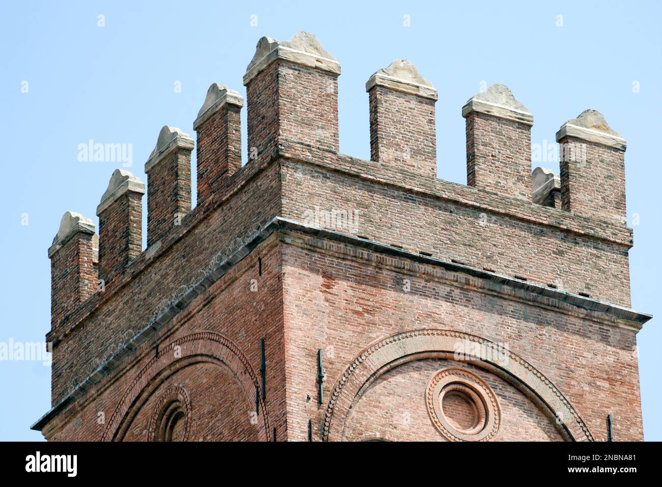 Tower top in Bologna, city in Italy, known for its Spanish-style red ...