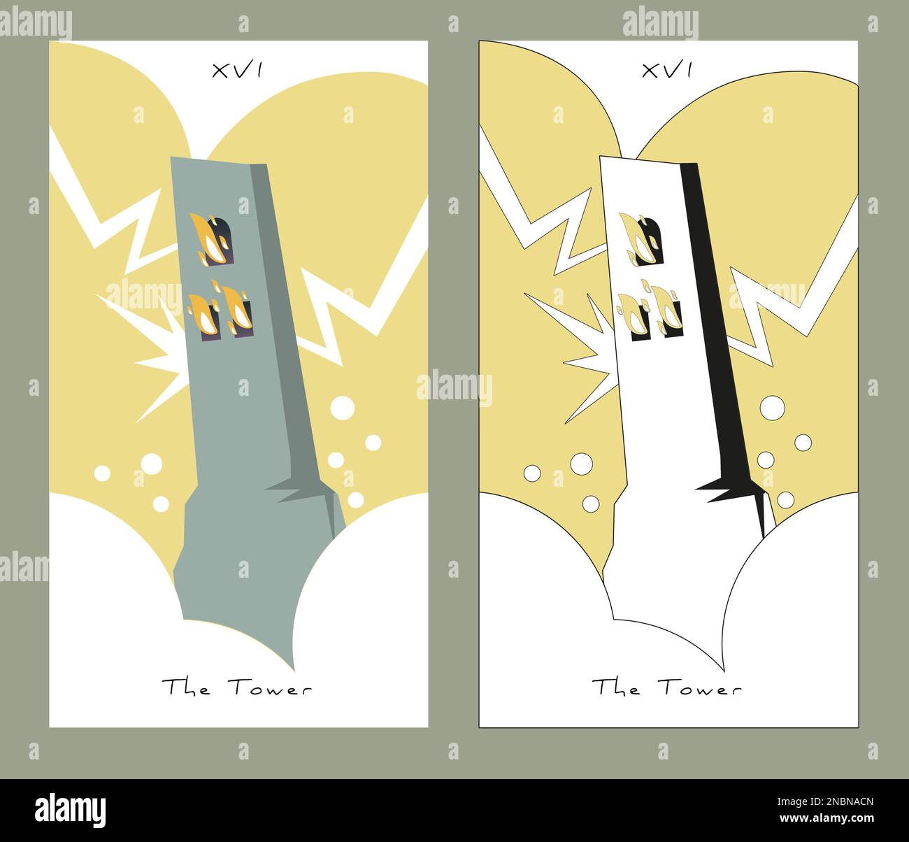 Major Arcana Tarot Cards. Stylized design. The Tower. Large tower under ...