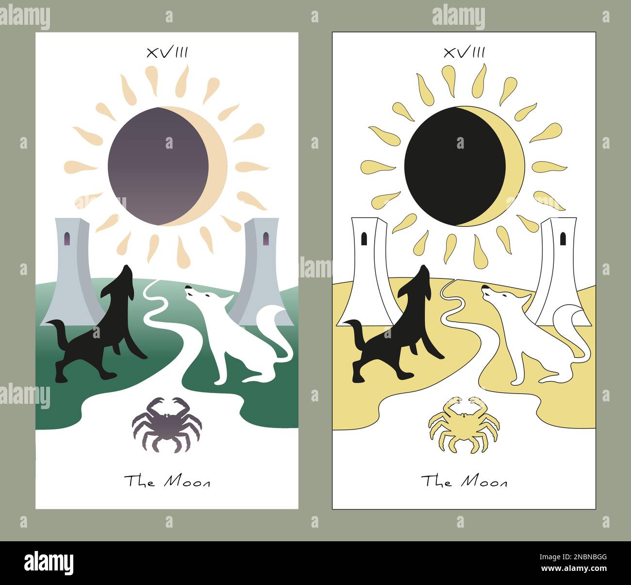 Major Arcana Tarot Cards. Stylized design. The Moon. Two dogs howling ...