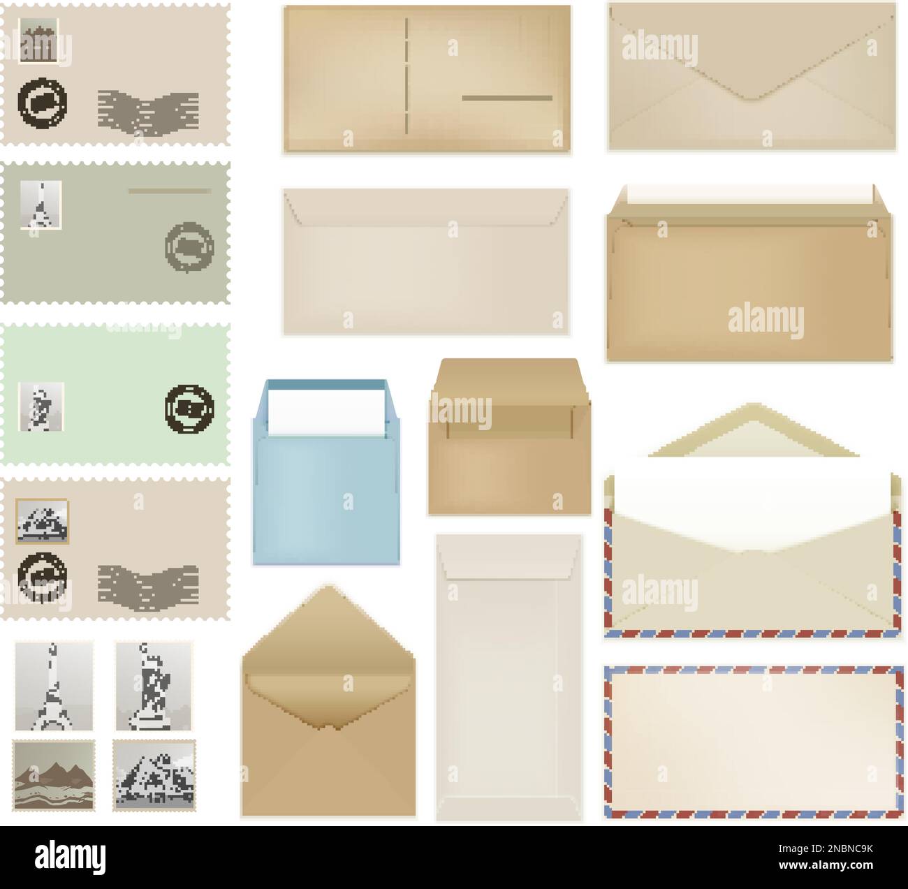 Envelopes and stamps set with realistic isolated front view images of ...