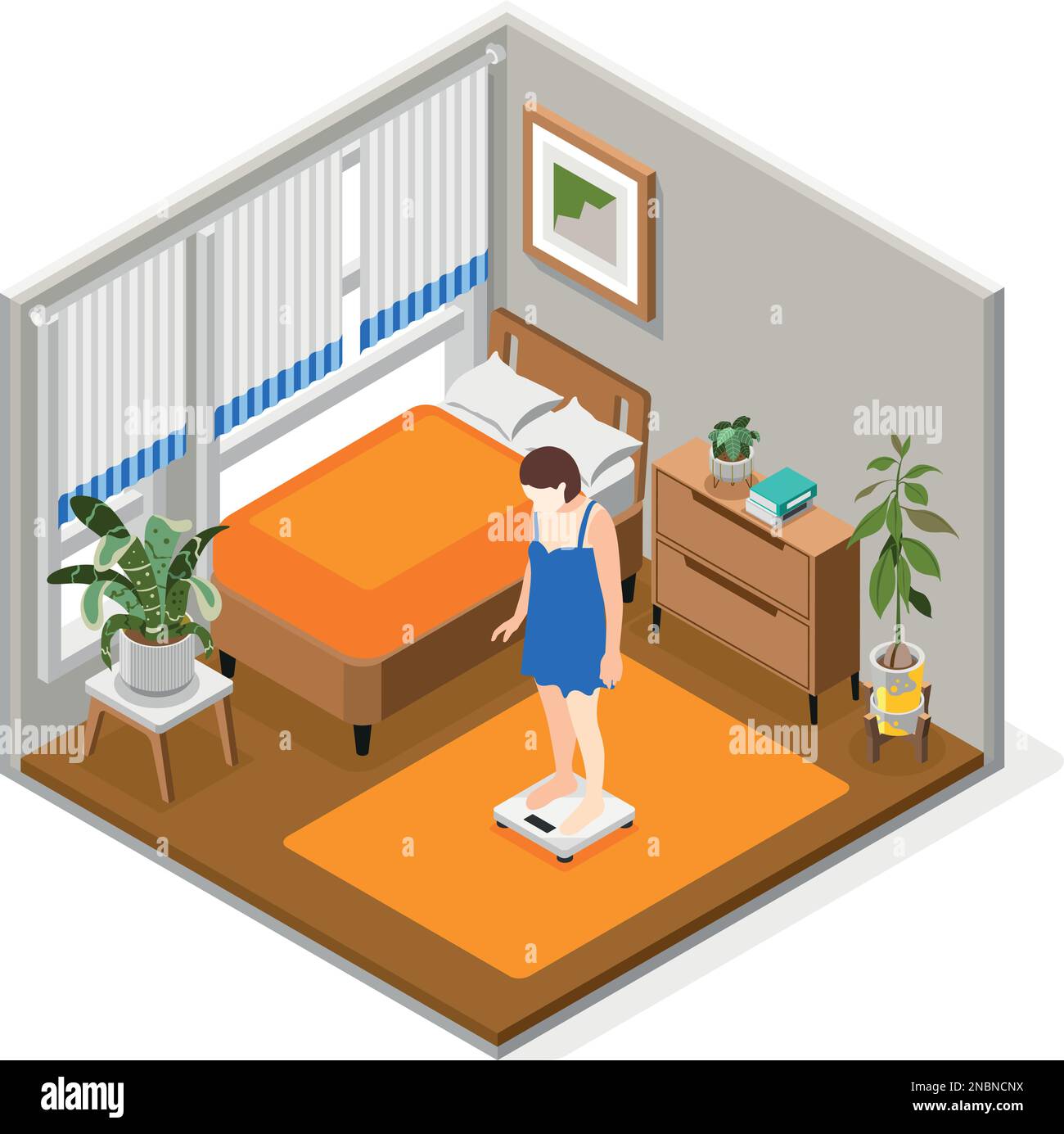 People morning routine isometric composition with woman weight herself ...