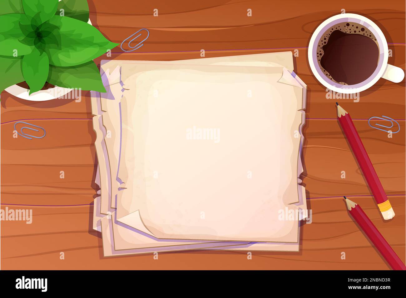 Workplace with stationary, cup with coffee, notebook, paper notes top ...