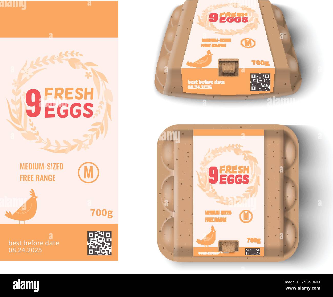 Nine chicken eggs cardboard package mockup and label template isolated ...