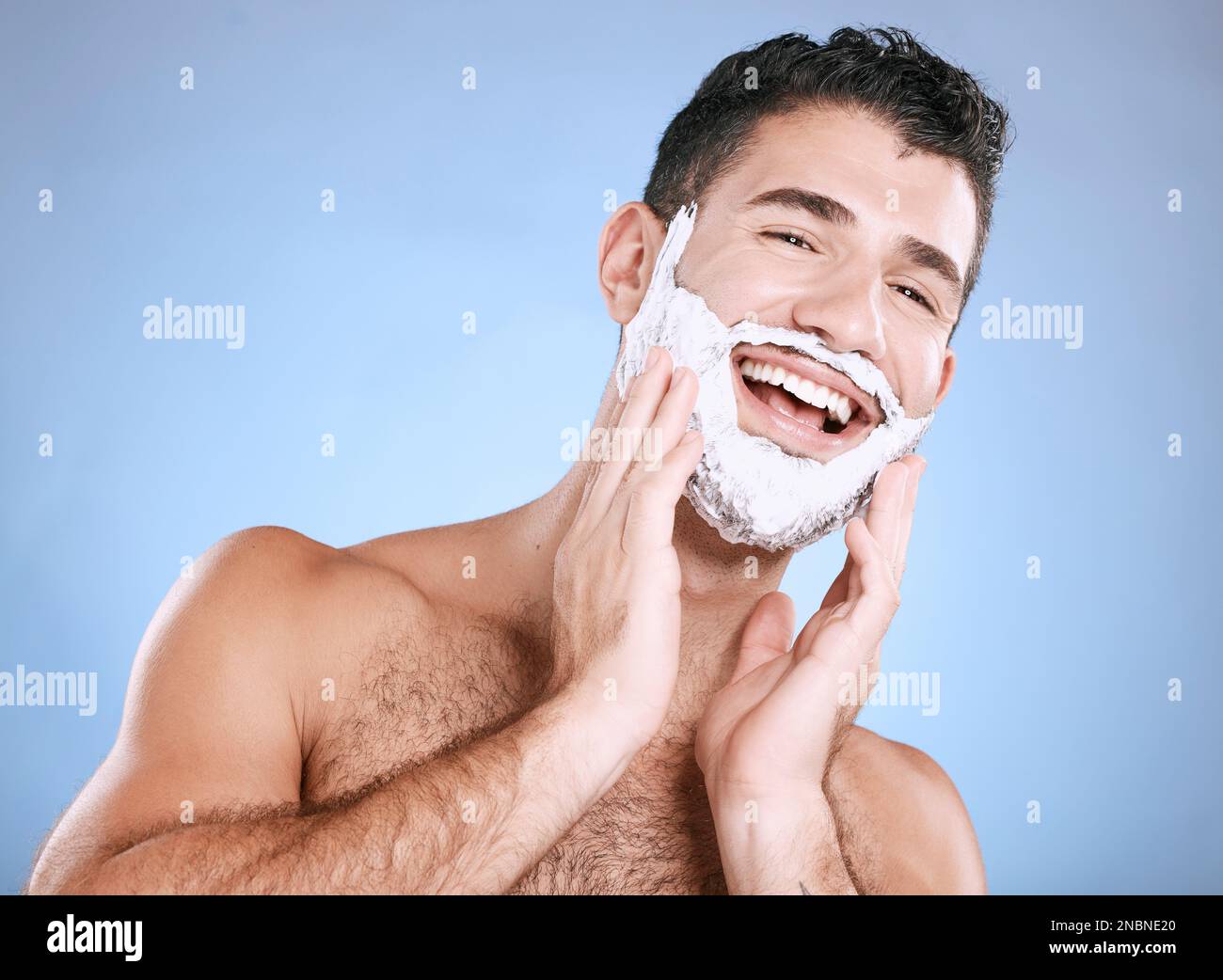 Facial, shaving cream on beard and man with smile, hands on face and ...