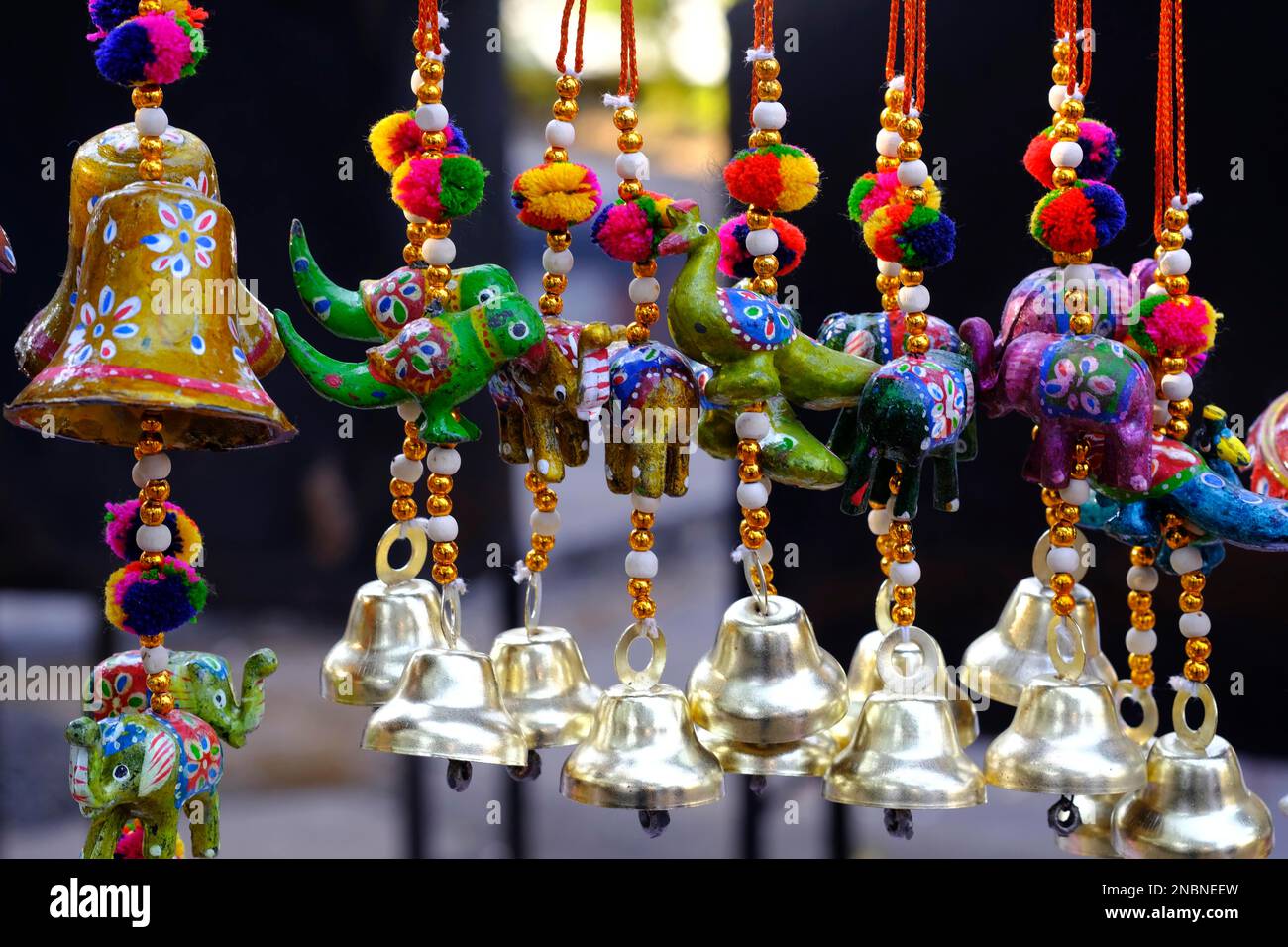 Pune, India, Handicraft items with selective focus, textile and wooden ...