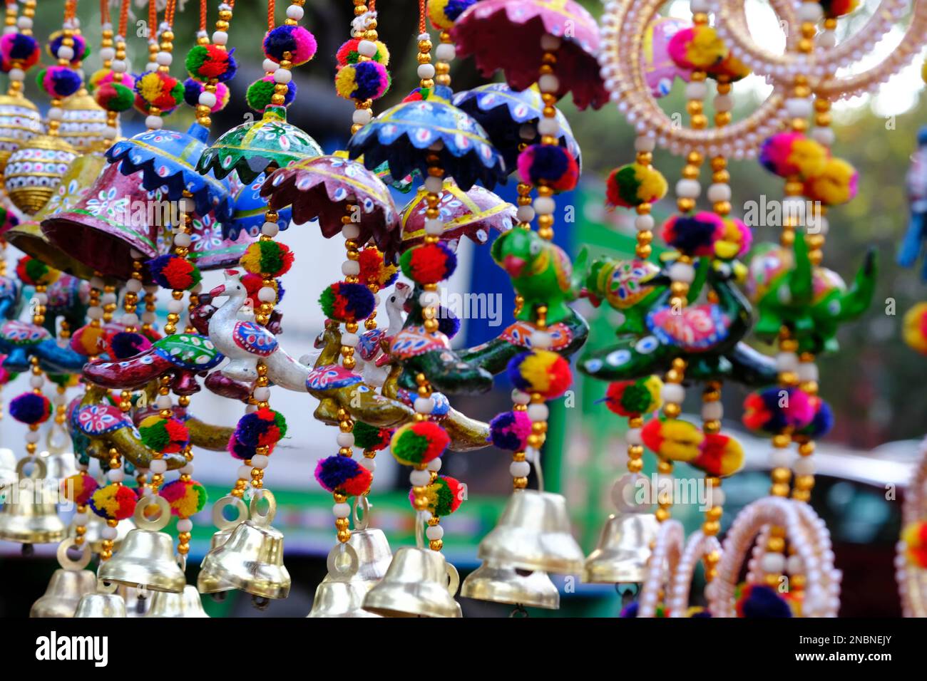 Pune, India, Handicraft items with selective focus, textile and wooden ...
