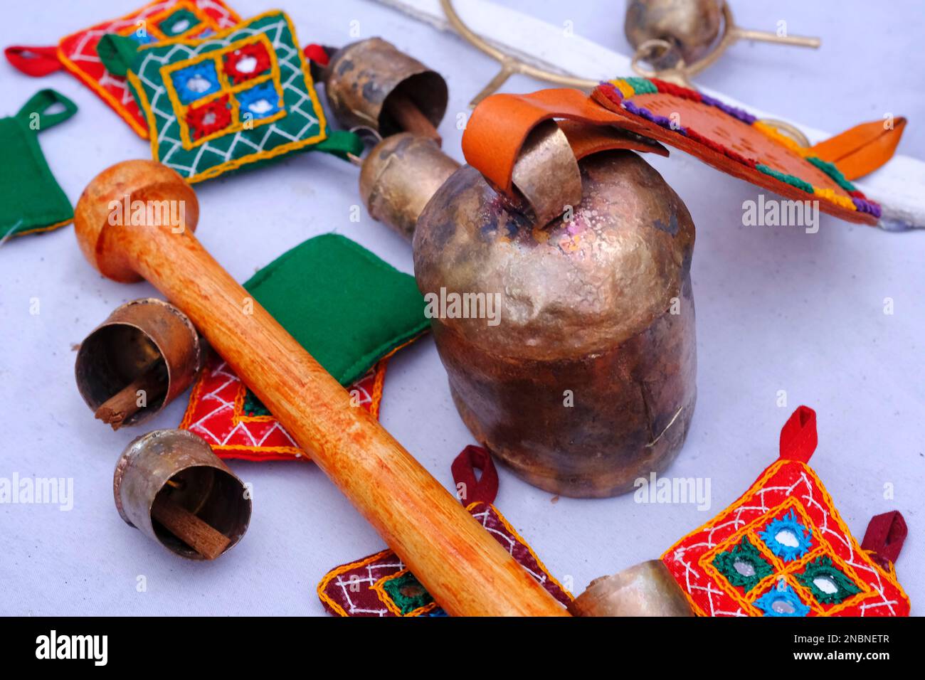 Pune, India, Handicraft items with selective focus, textile and wooden ...