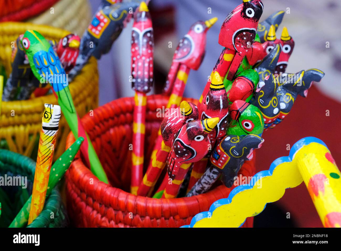 Pune, India, Handicraft items with selective focus, textile and wooden ...