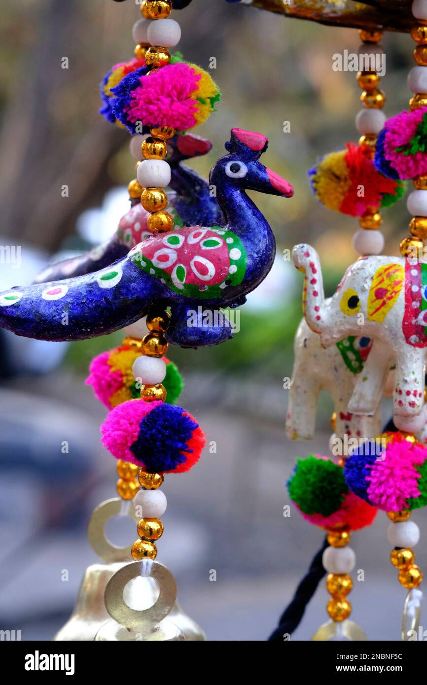 Pune, India, Handicraft items with selective focus, textile and wooden ...