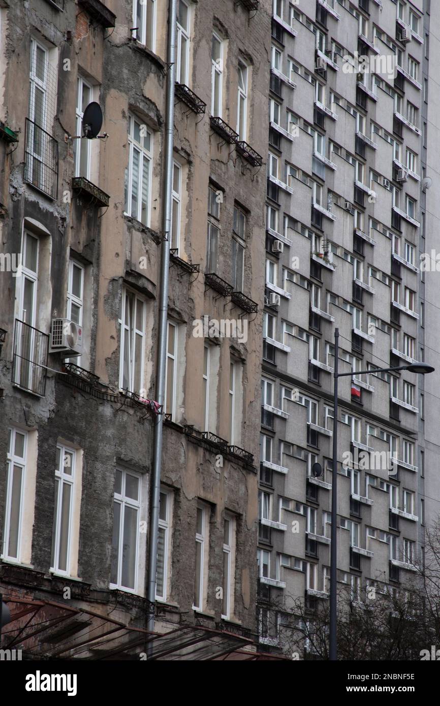 Soviet-era apartment block next to an older tenement building in ...