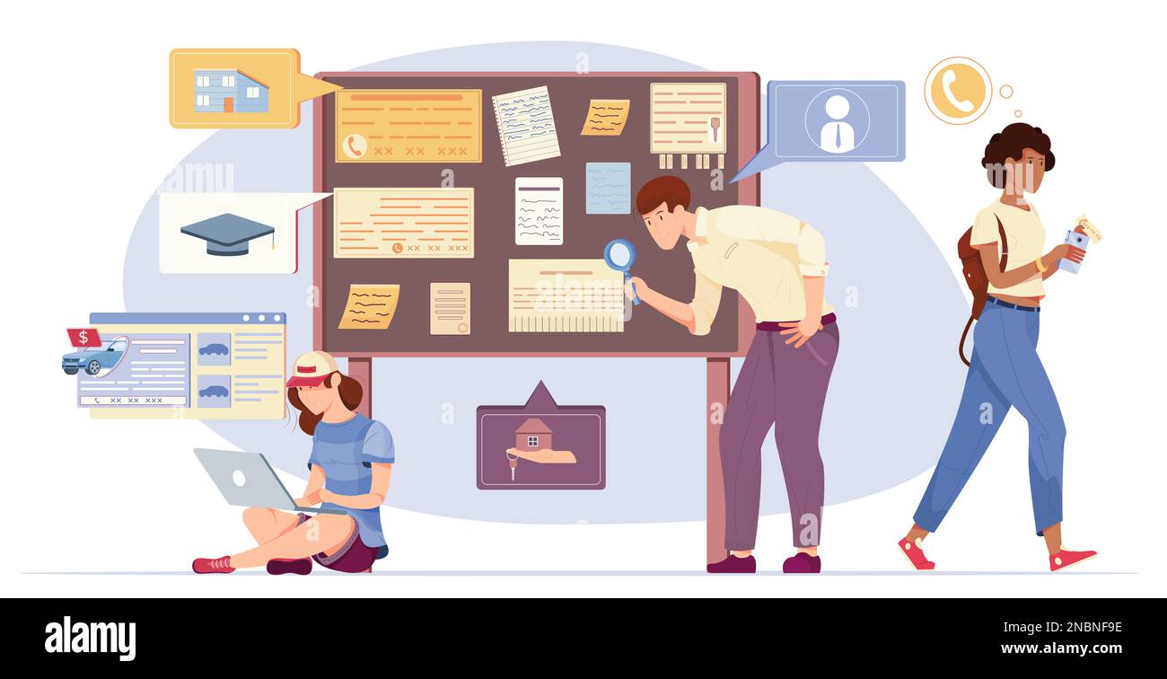 Bulletin board concept with notes symbols flat vector illustration ...