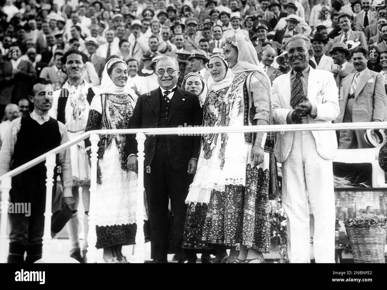 Prime Minister Ioannis Metaxas, center, with a group of Greek peasant ...
