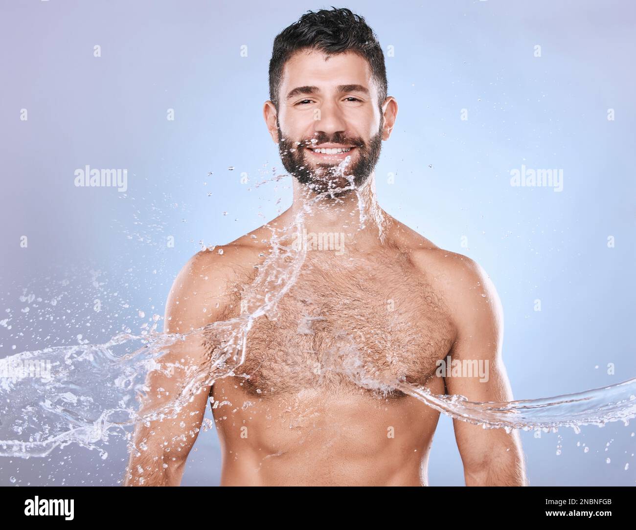 Skin care, face and water splash man portrait for clean facial for ...