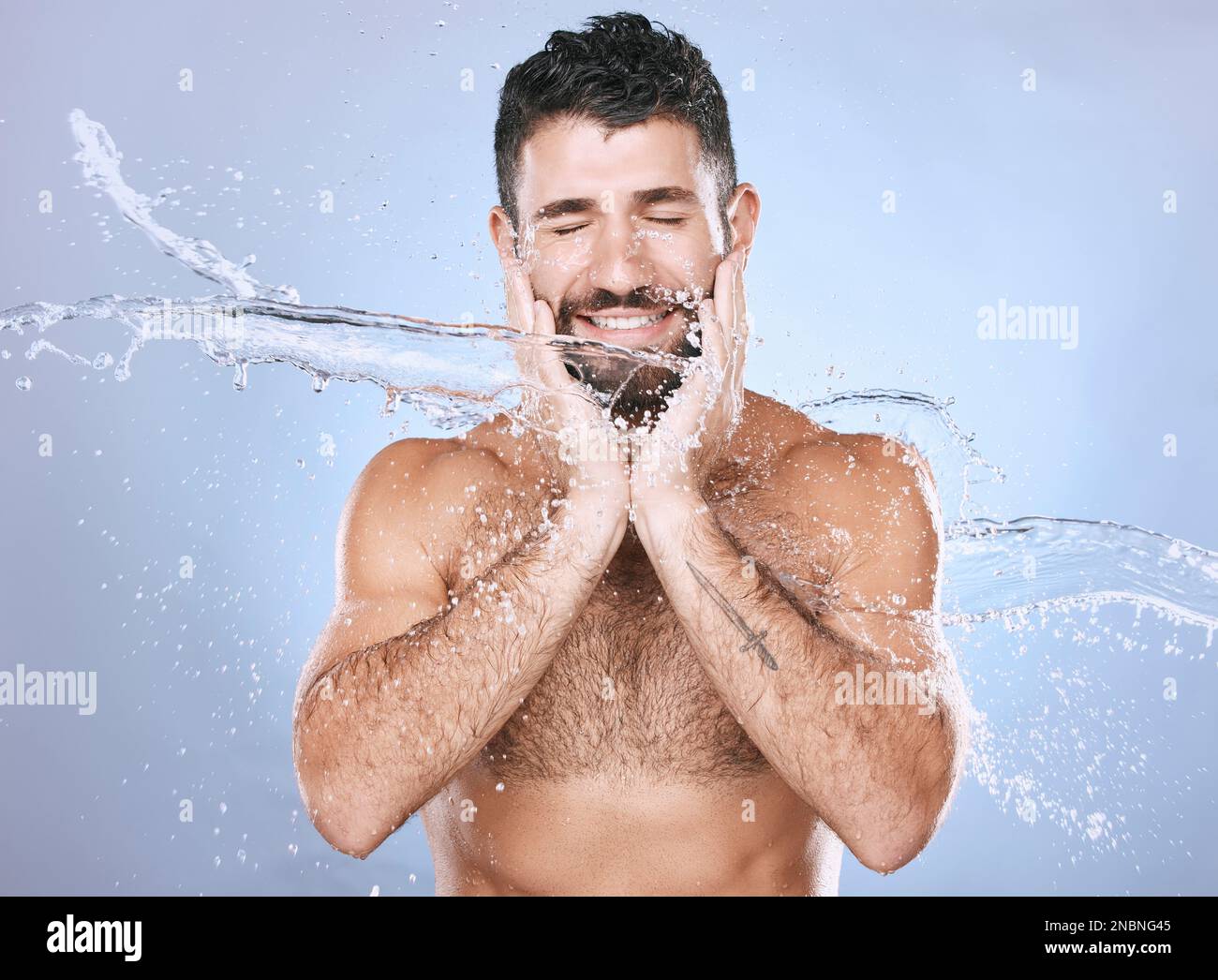 Man, water splash and face skin care for clean spa facial for beauty ...