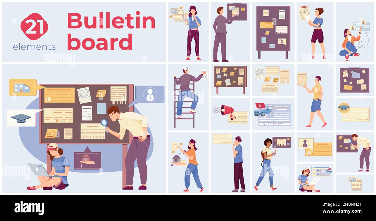 Bulletin board composition set with visual symbols flat isolated vector ...