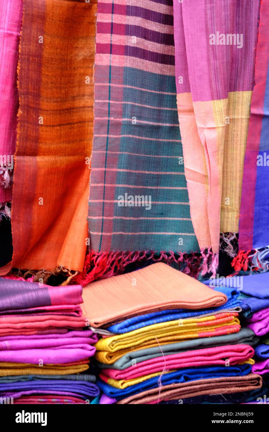 Display of vivid and colorful Indian Sari, India textile, selective ...