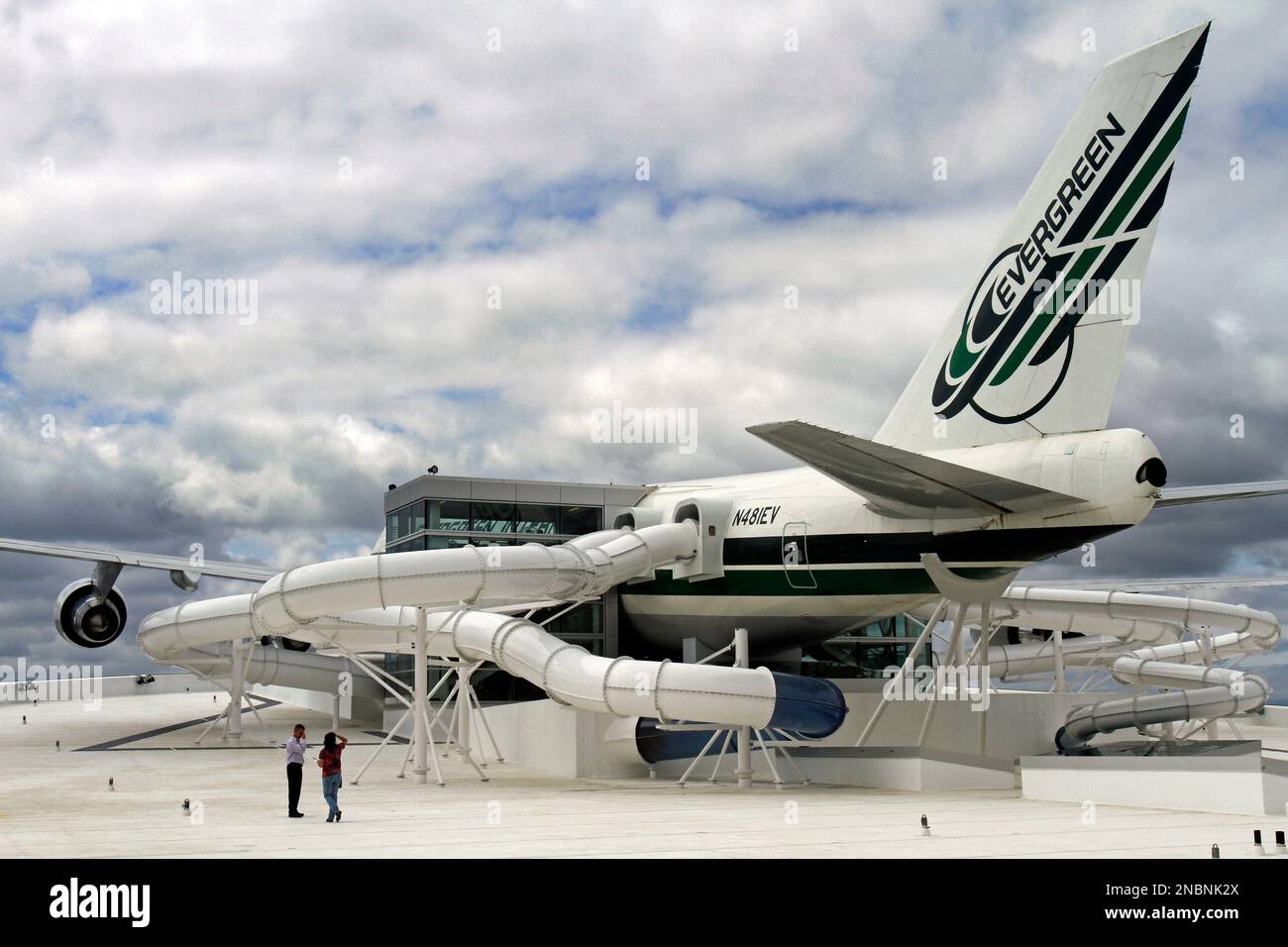 Dave Garske, left, and Jennifer Moody are dwarfed by a Boeing 747 ...