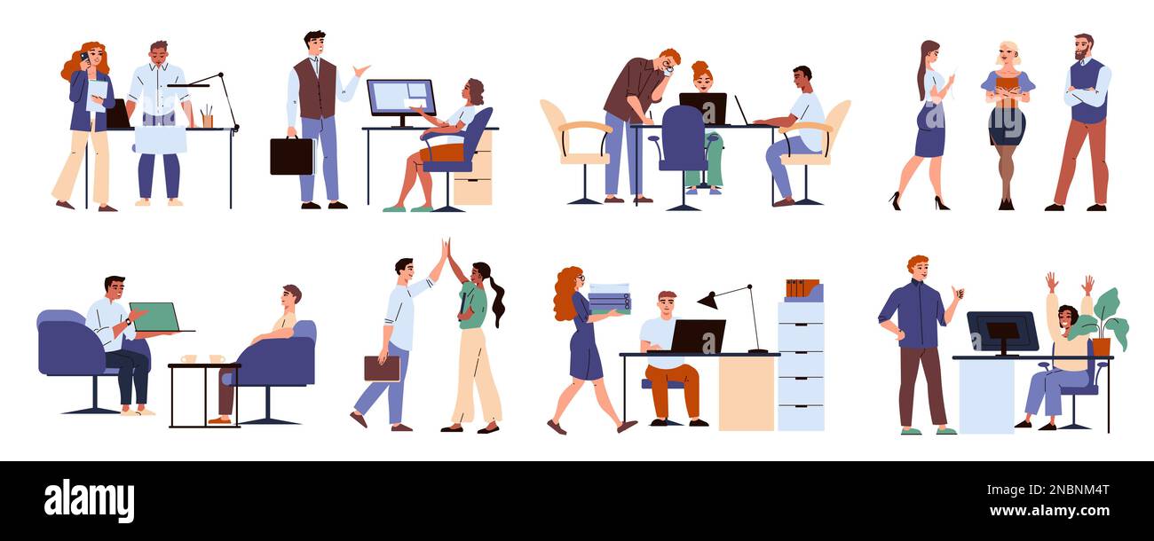 Peeople in office flat icons set with male and female employees ...