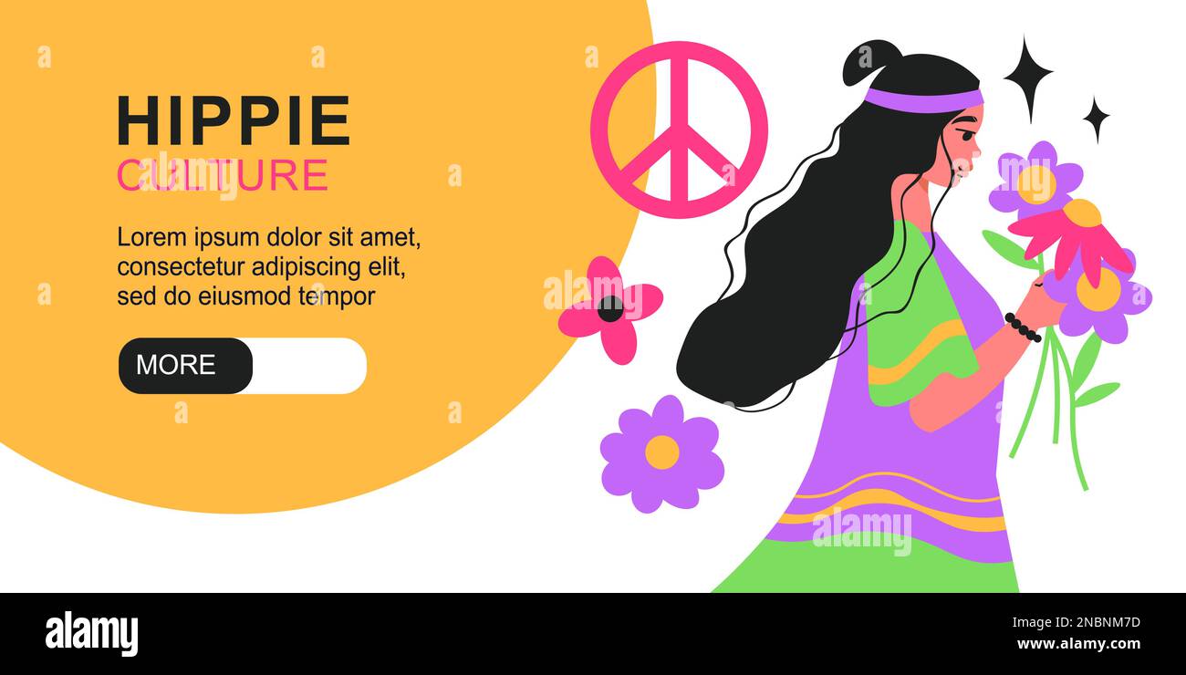 Hippie horizontal banner with young woman holding flowers and peace ...