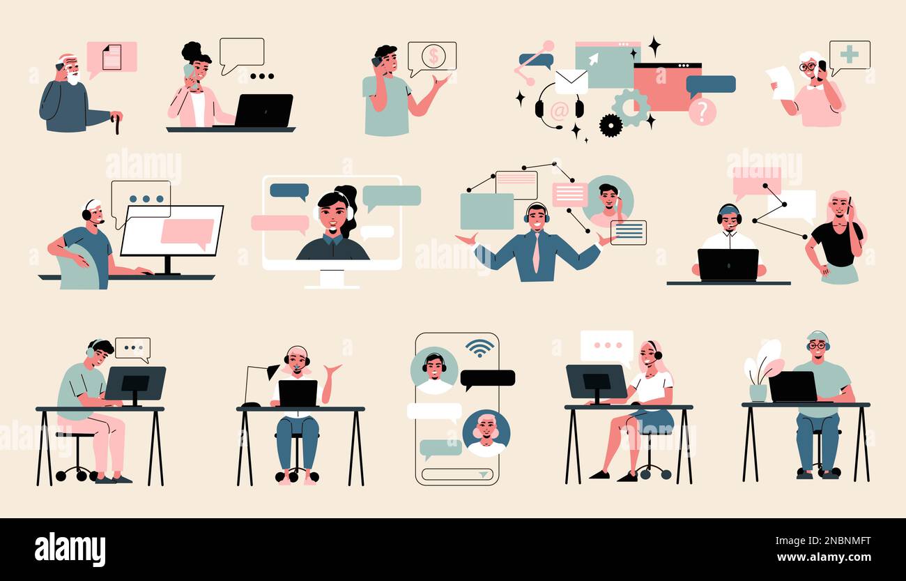 Call center flat icons set with consultants helping customers isolated ...