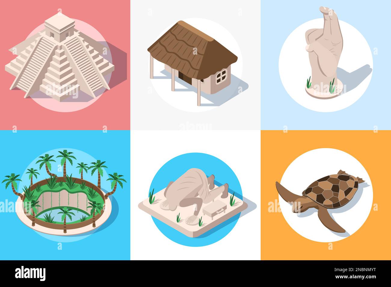 Yucatan travel isometric set of round compositions with icons of ...