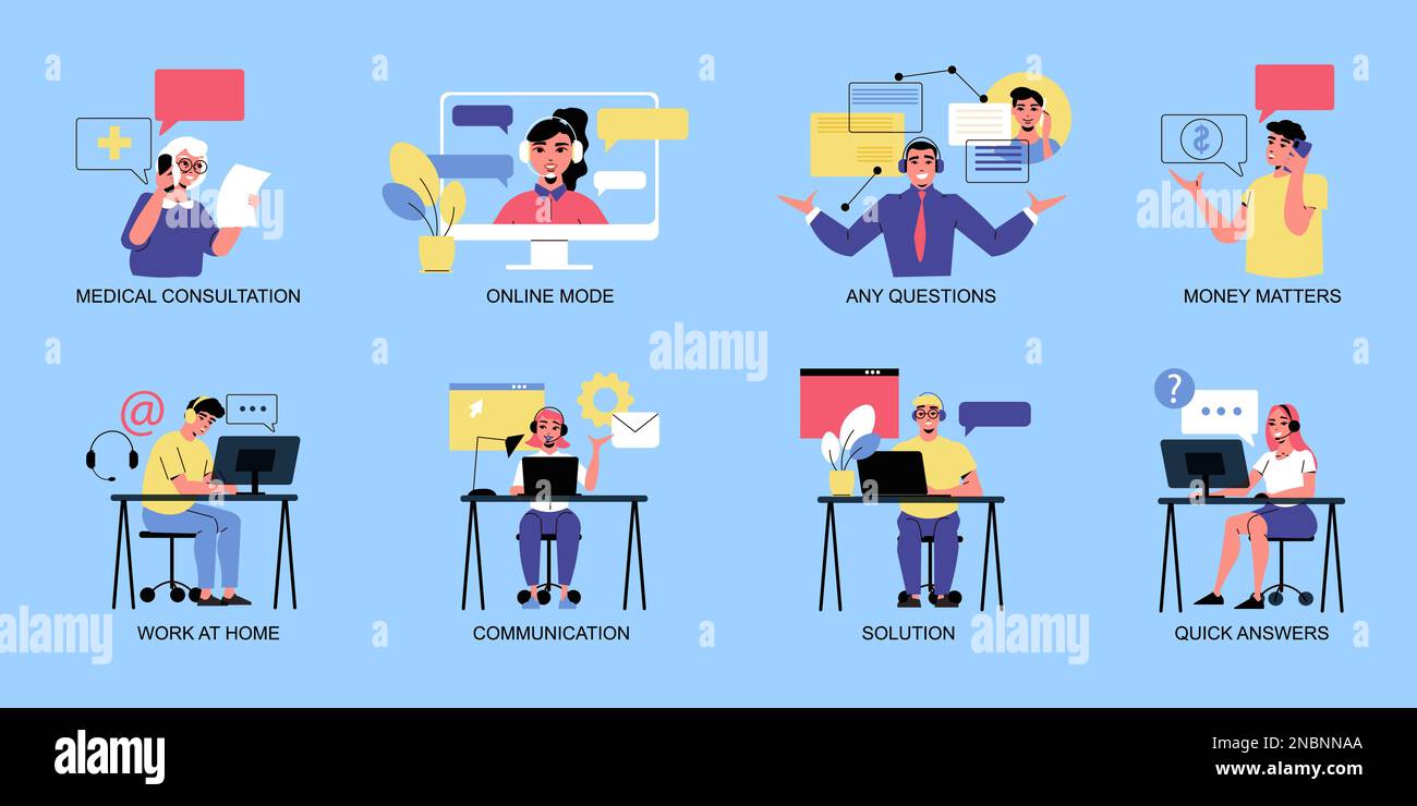 Call center flat icons set with online consultation and questions ...