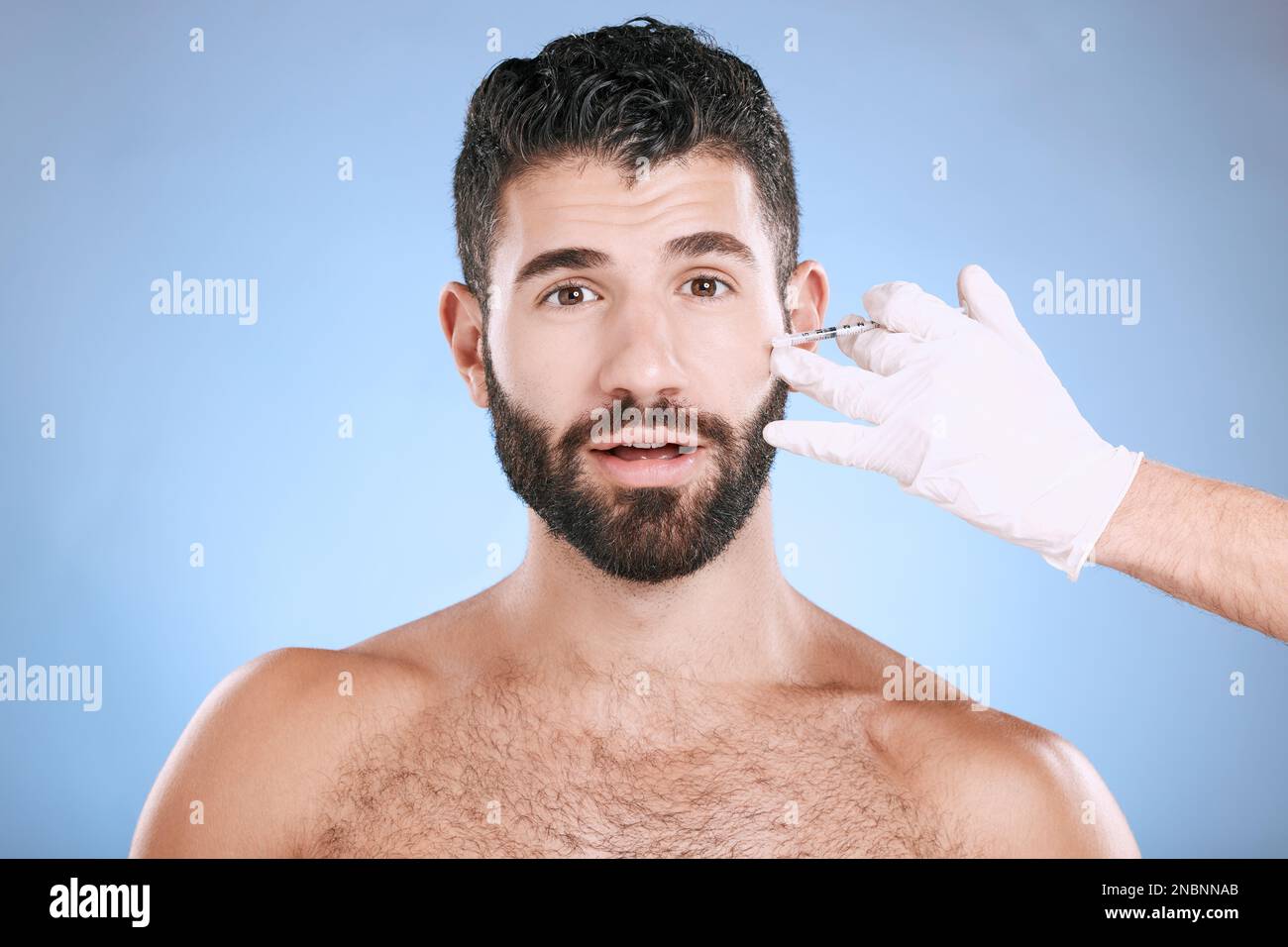 Needle, man and portrait for skincare, collagen and beauty process in ...