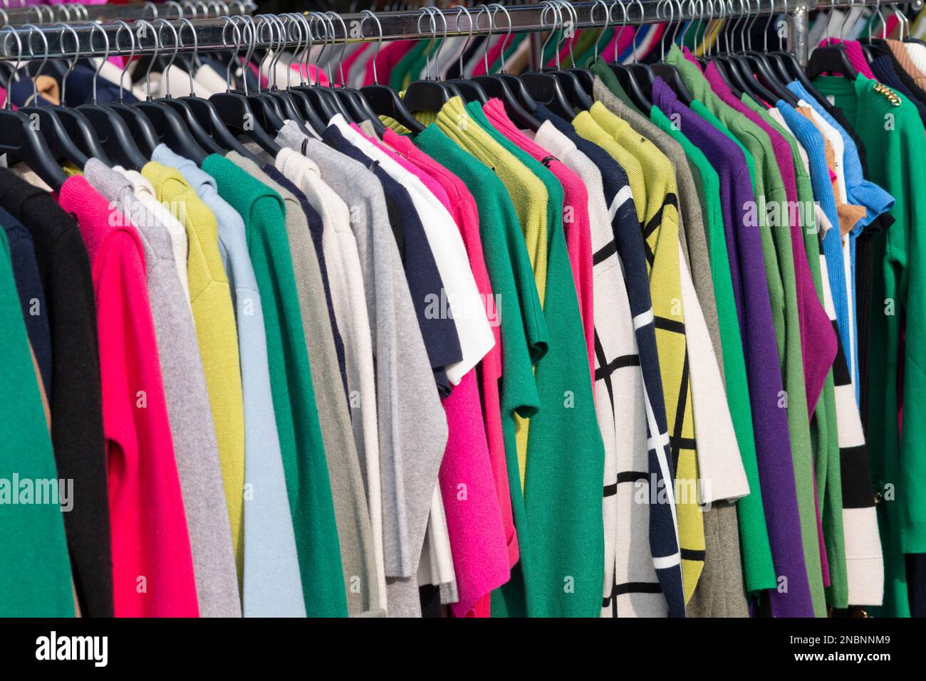 Italy, Lombardy, Market, Clothes Hanging on a Rail at a Street Market ...