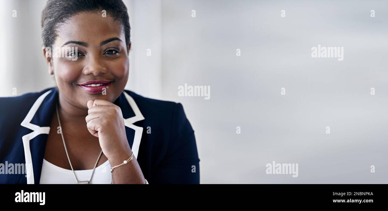 Mockup, portrait and business with black woman, smile and confidence ...
