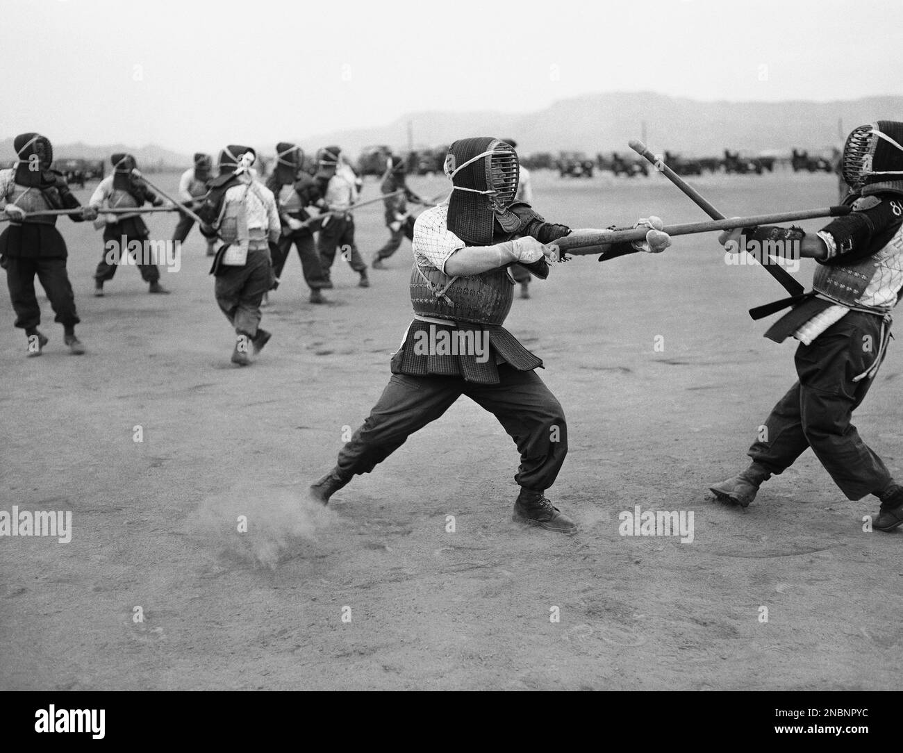 Soldiers practice bayonet tactics at the Kokubu Army Camp in Japan on ...
