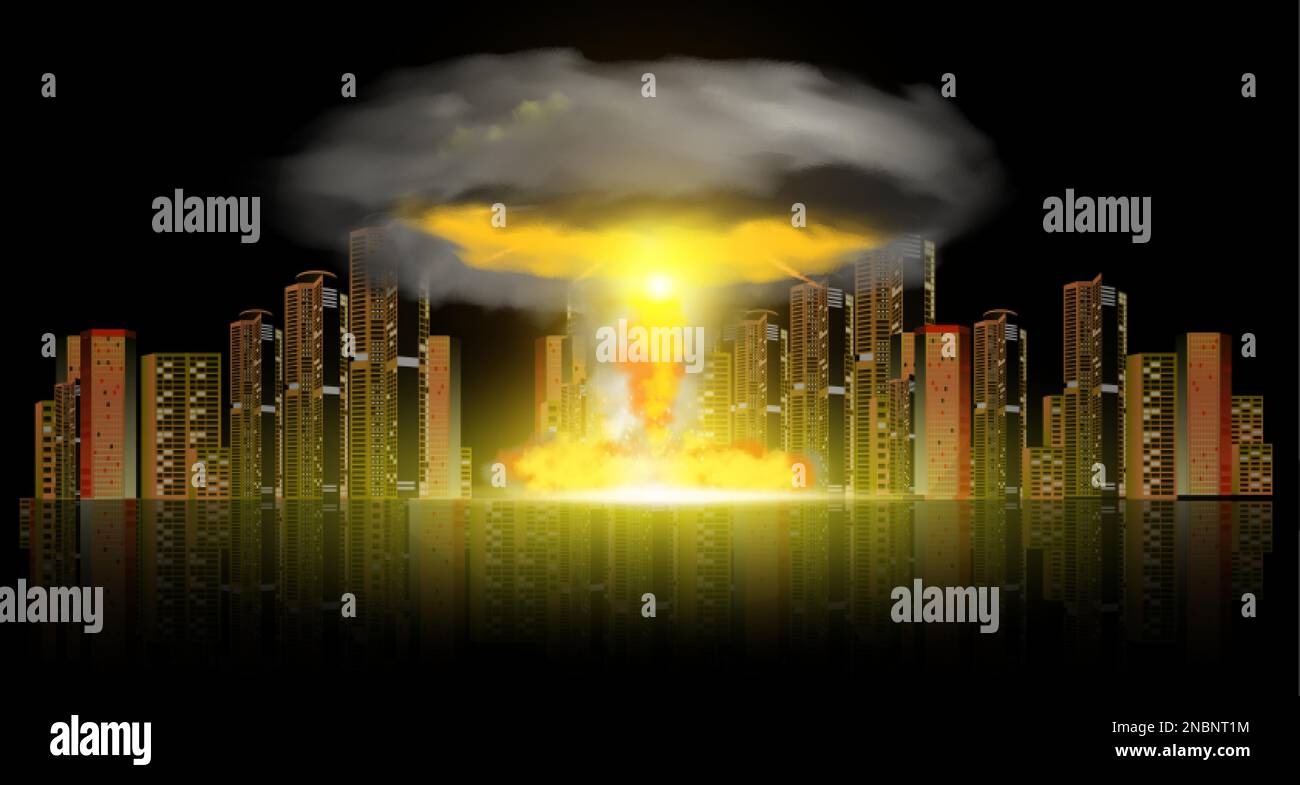 Powerful nuclear bomb explosion dropped on city realistic composition ...