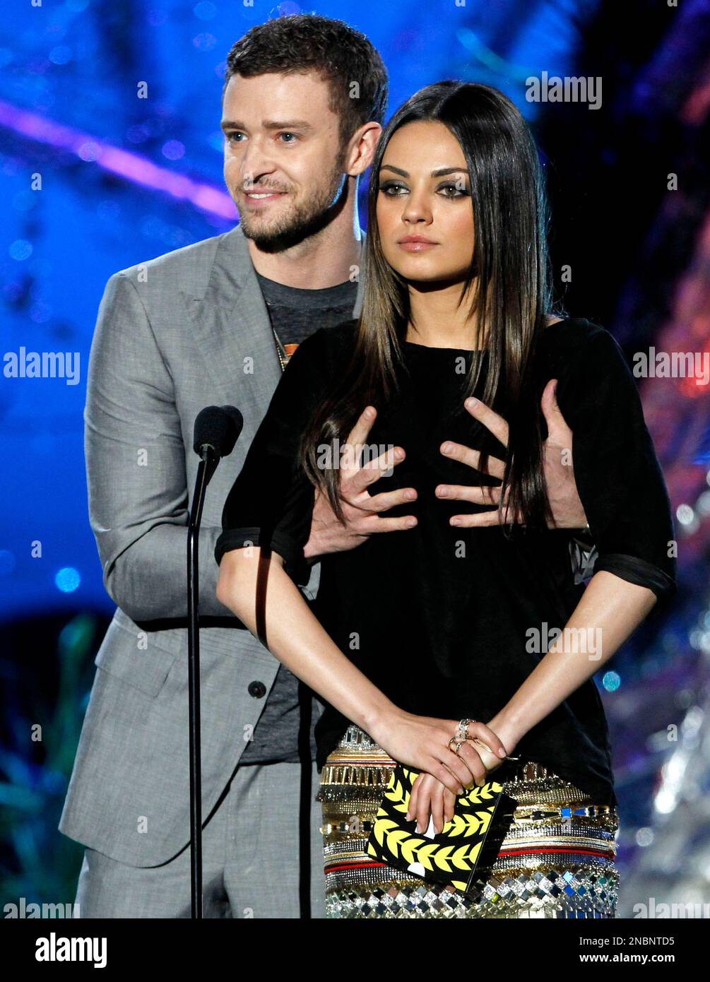 Justin Timberlake, left, and Mila Kunis are seen onstage at the MTV ...
